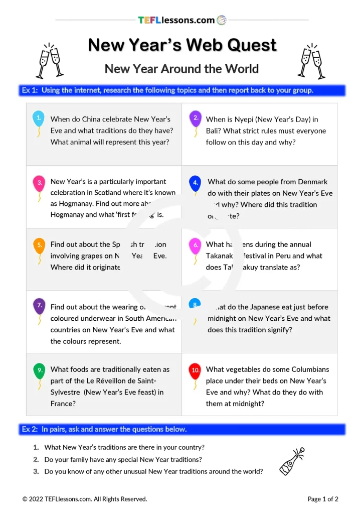 New Year's Web Quest - TEFL Lessons - tefllessons.com | ESL worksheets