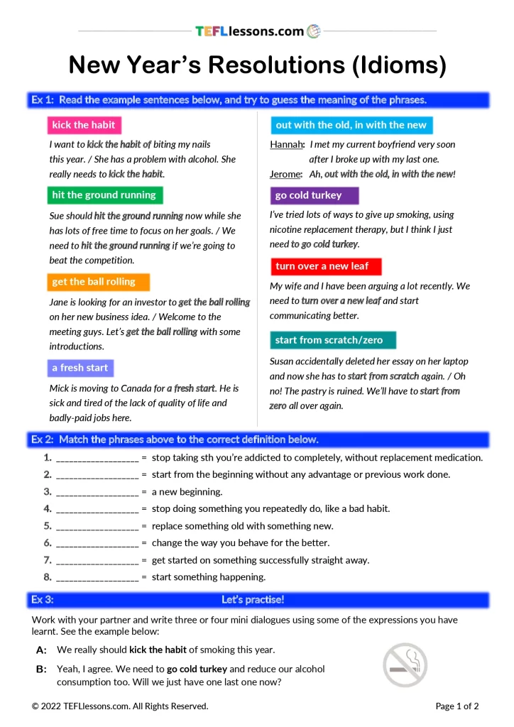 New Year's Idioms - TEFL Lessons - tefllessons.com | Free ESL worksheets