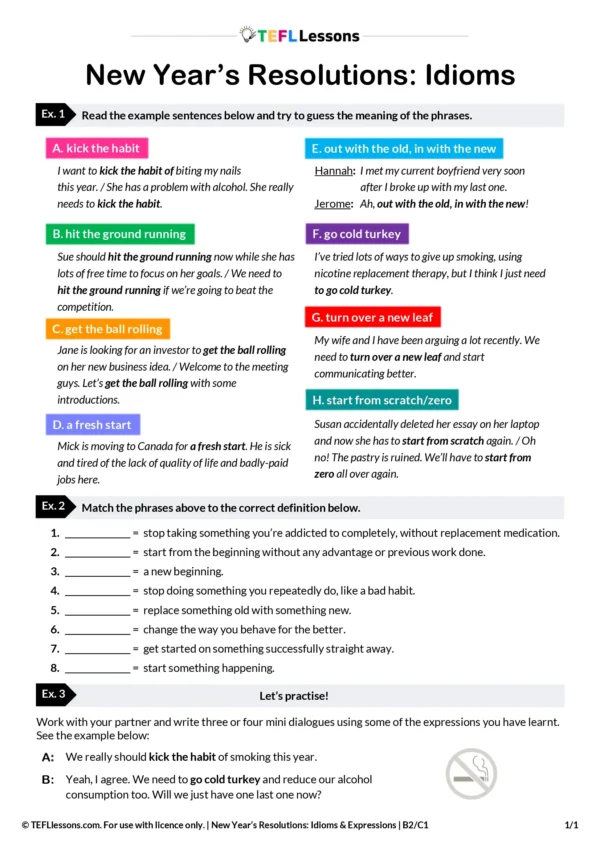 New Year Idioms ESL Activity | Vocabulary Practice - TEFL Lessons ...