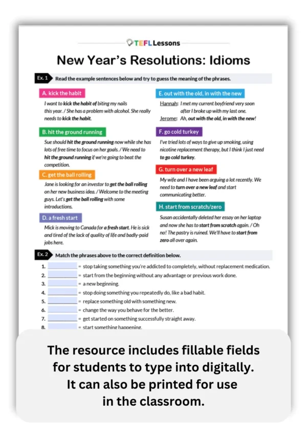New Year Idioms ESL Activity | Vocabulary Practice - TEFL Lessons ...
