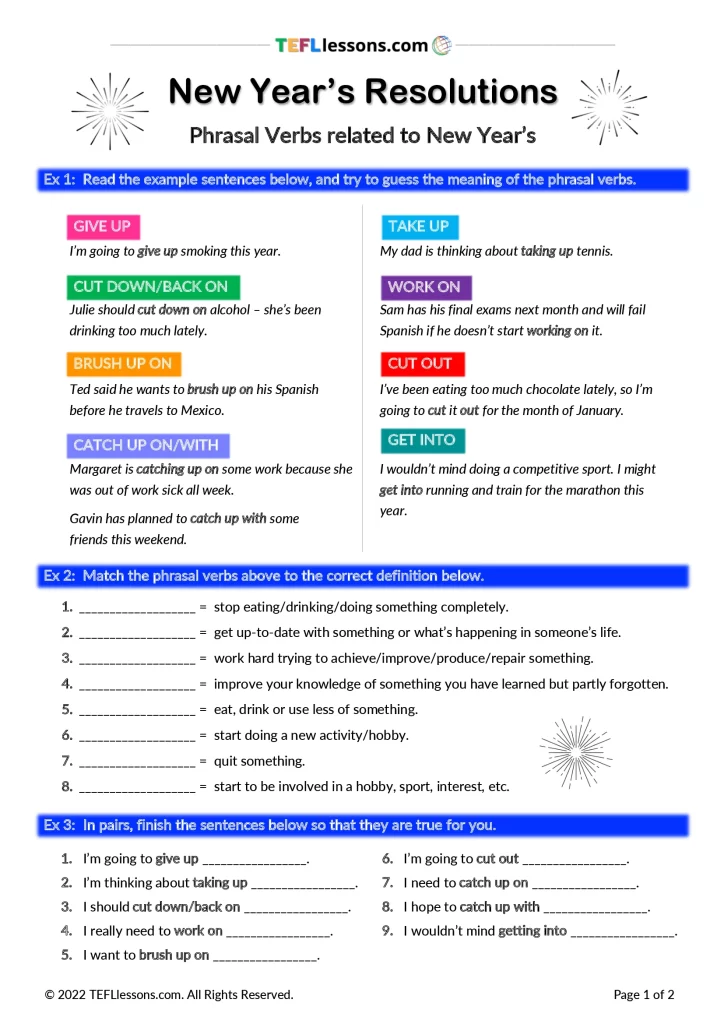 New Year's Phrasal Verbs - TEFL Lessons - tefllessons.com | Free ESL ...