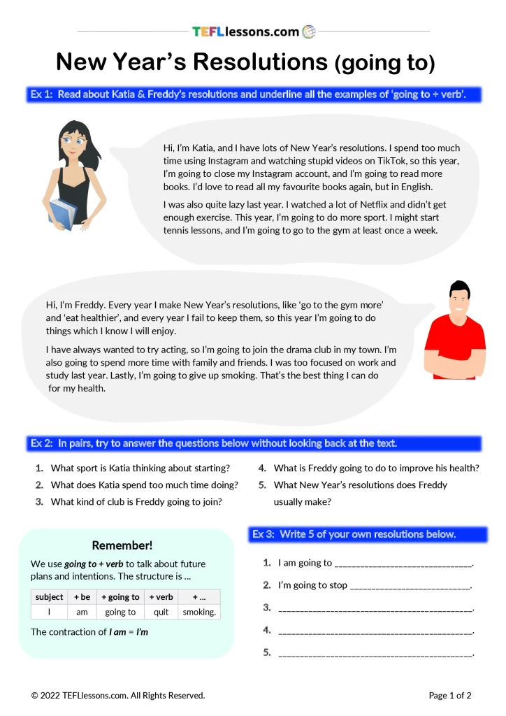 New Year's Resolutions (going to) - TEFL Lessons - tefllessons.com ...
