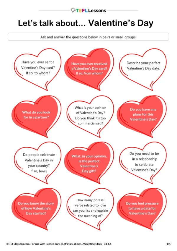 Valentine’s Day Speaking Activity (ESL) - TEFL Lessons | Free ESL ...