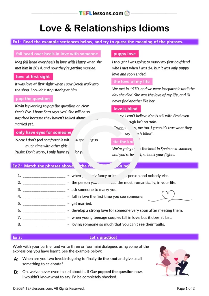 Love and Relationships Idioms - TEFL Lessons - tefllessons.com | ESL worksheets & Activities