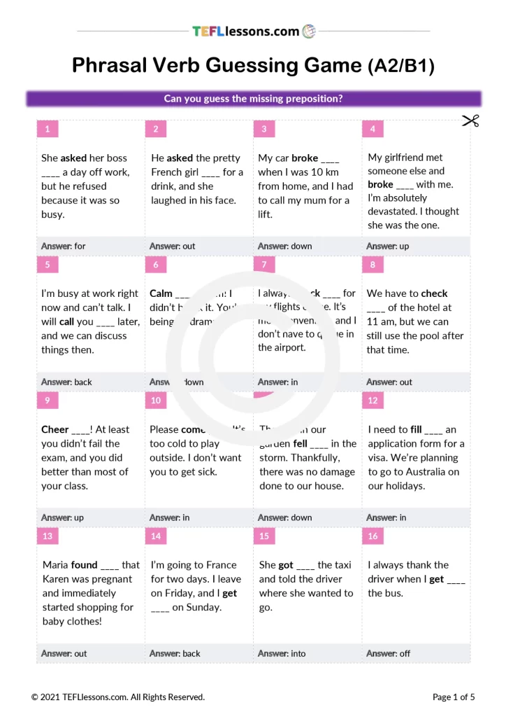 Phrasal Verbs Game A2/B1 | TEFL Lessons - tefllessons.com | ESL resources | TEFL