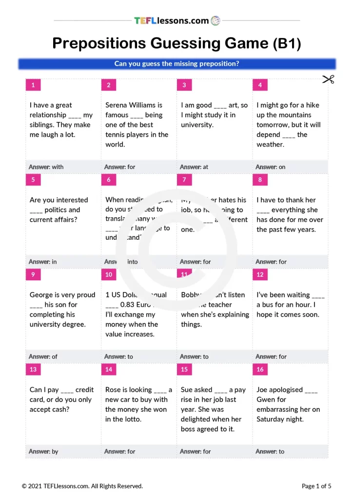 Prepositions Game B1 | TEFL Lessons | ESL resources | worksheets