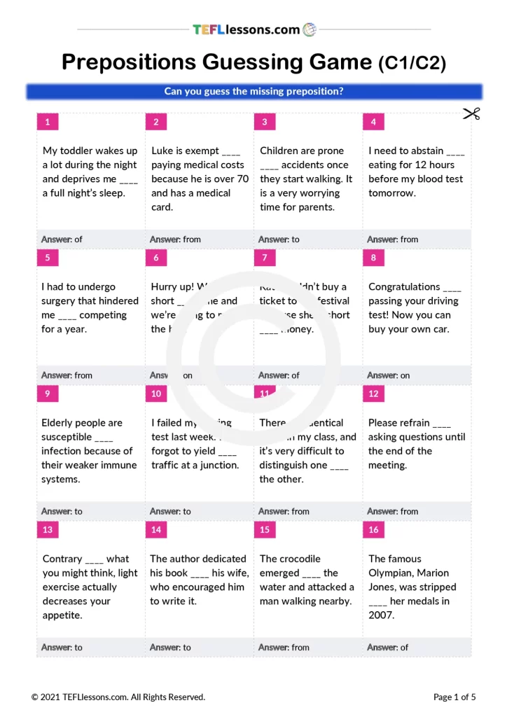 Prepositions Game C1/C2 | TEFL Lessons - tefllessons.com | ESL ...