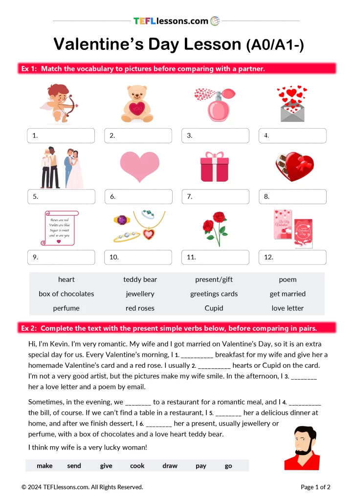 Valentine's Day Lesson (A0/A1-) - TEFL Lessons - tefllessons.com | Free ...