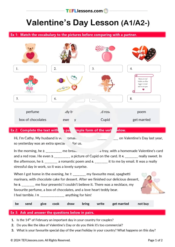 Valentine's Day Lesson (A1/A2-) - TEFL Lessons - tefllessons.com | ESL ...