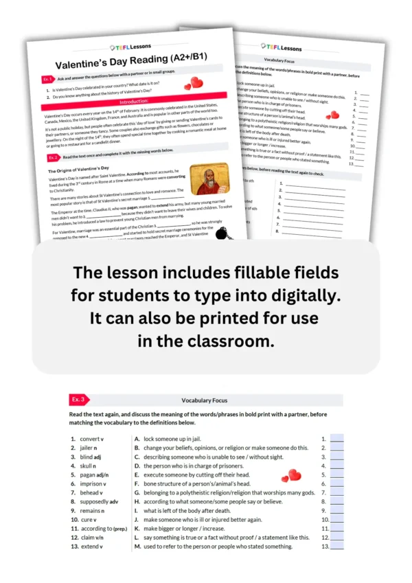 Free Valentine’s Day Reading Worksheet (A2–B1 ESL) - TEFL Lessons ...
