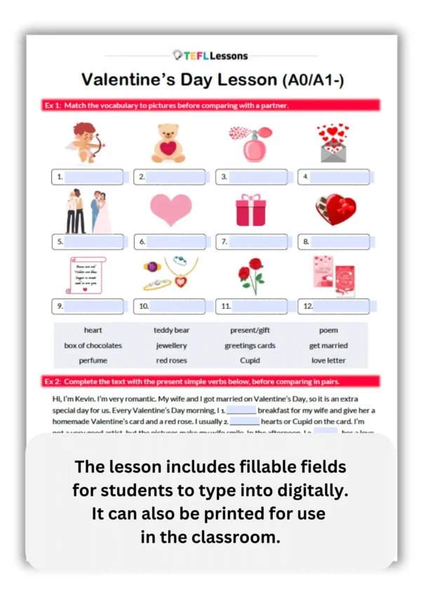 Free Valentine’s Day Vocabulary Worksheet (A0–A1 ESL) - TEFL Lessons ...