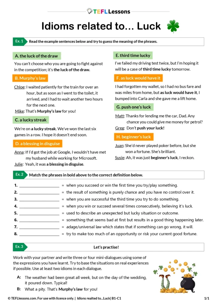 Free St Patrick’s Day Idioms Lesson | ESL Luck Expressions - TEFL ...