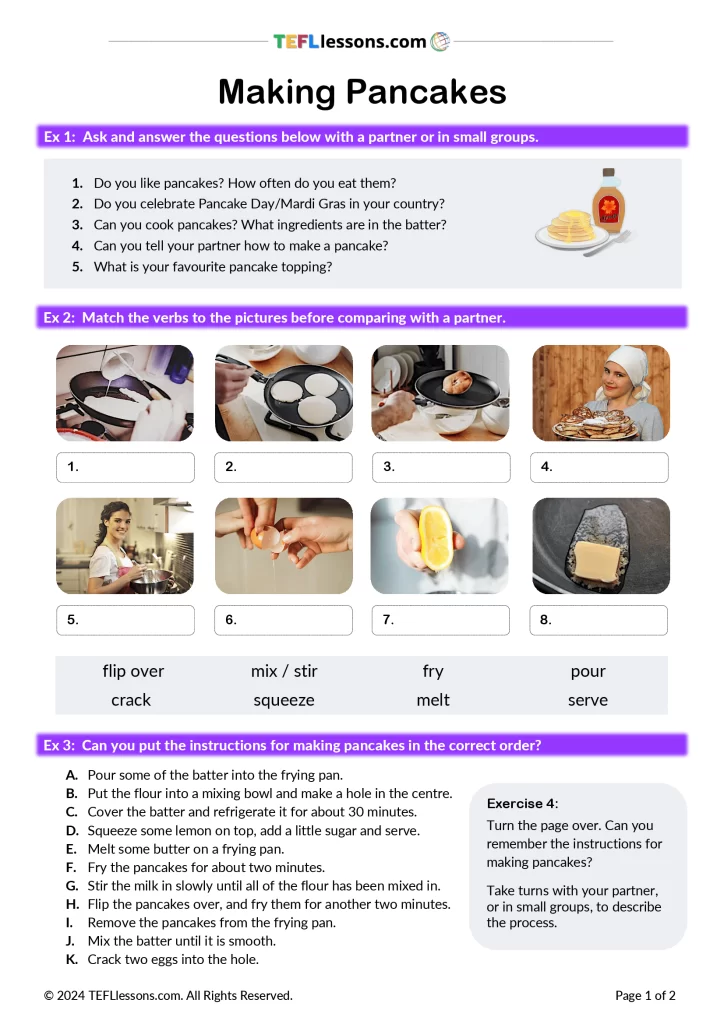 Making Pancakes - TEFL Lessons - tefllessons.com | Free ESL worksheet