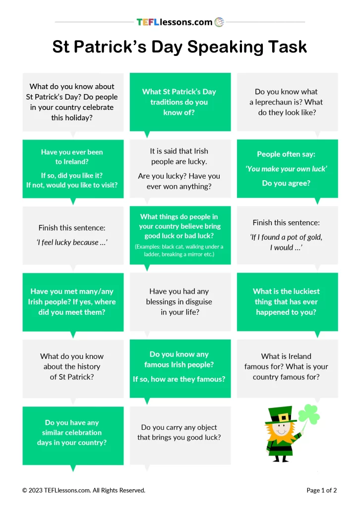 St Patrick's Day Speaking Task - TEFL Lessons - tefllessons.com | Free ...