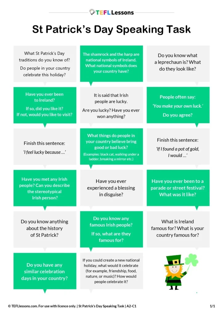 Free St Patrick’s Day Discussion Questions | ESL Speaking Activity ...