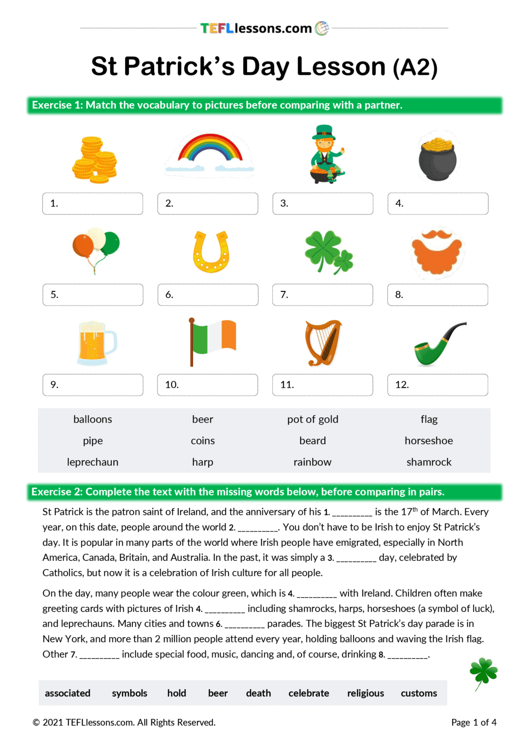 St Patrick's Day Lesson (B1/B2-) - TEFL Lessons - tefllessons.com | ESL ...