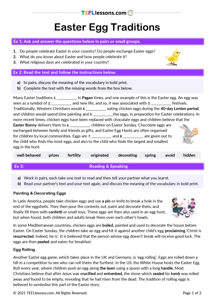 Easter Egg Reading - TEFL Lessons - tefllessons.com | Free ESL worksheets