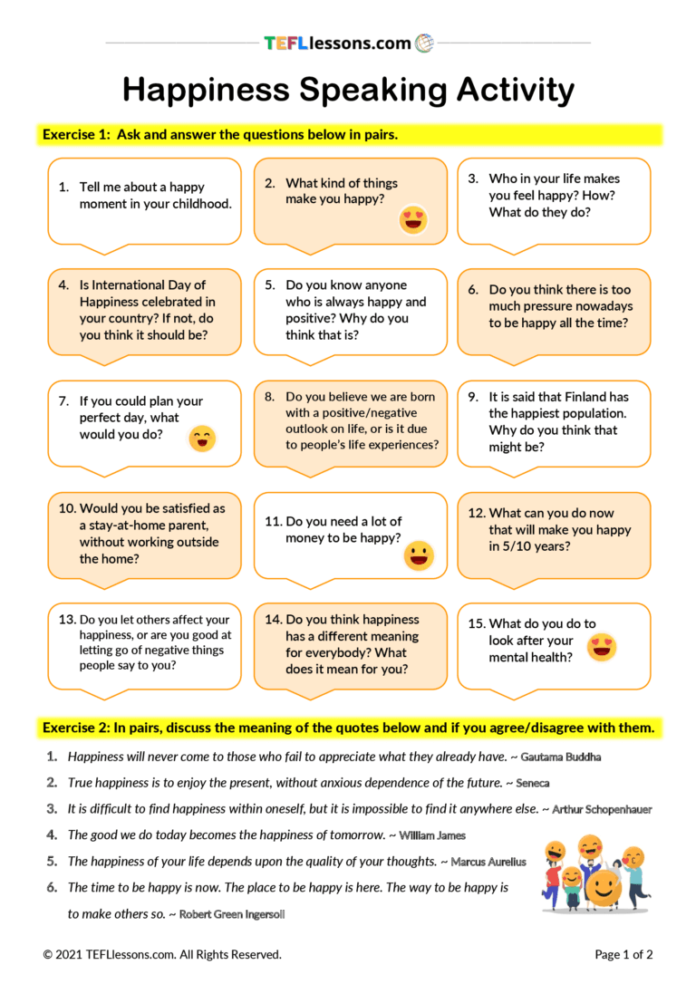 Happiness Speaking Activity TEFLlessons Free ESL Worksheets