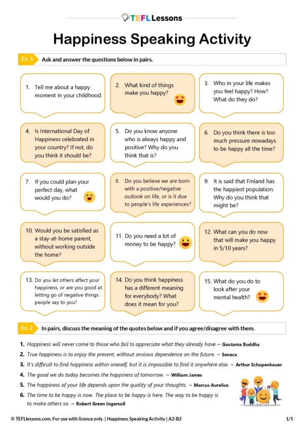 Happiness Discussion Questions ESL | Speaking Activity (A2–B2) - TEFL ...