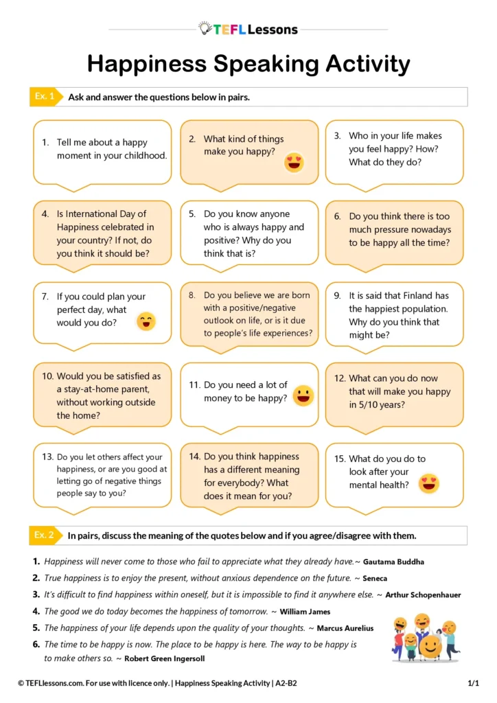 Happiness Discussion Questions ESL | Speaking Activity (A2–B2) - TEFL ...