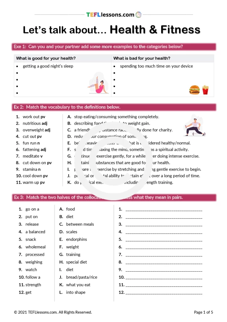 Health and Fitness Vocabulary - TEFL Lessons - tefllessons.com | ESL ...