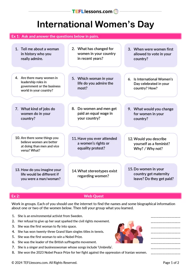 International Women's Day - TEFL Lessons - tefllessons.com | Free ESL ...