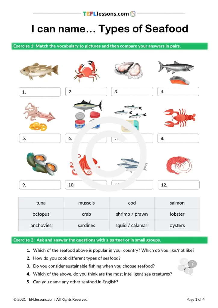 Seafood Vocabulary - TEFL Lessons - tefllessons.com | ESL worksheets