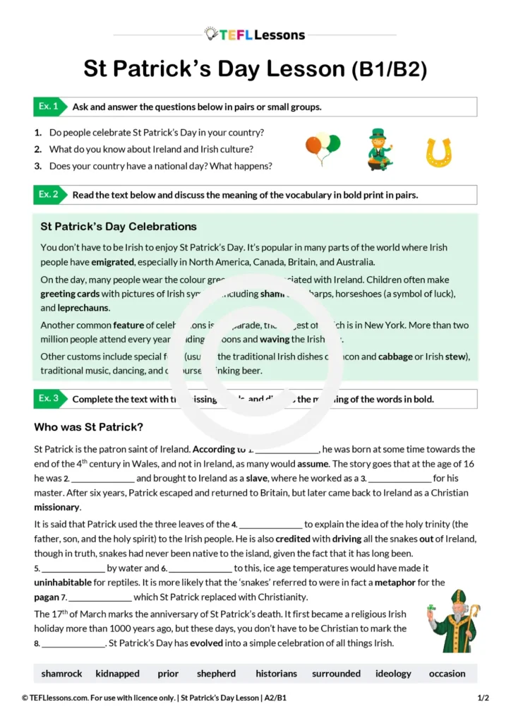 St Patrick’s Day English Lesson (B1/B2) | ESL Reading & Culture ...