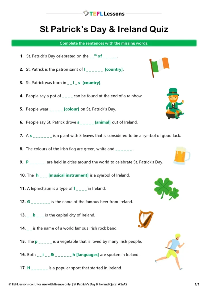 St Patrick's Day Vocabulary Worksheet PDF | ESL Quiz Activity - TEFL ...