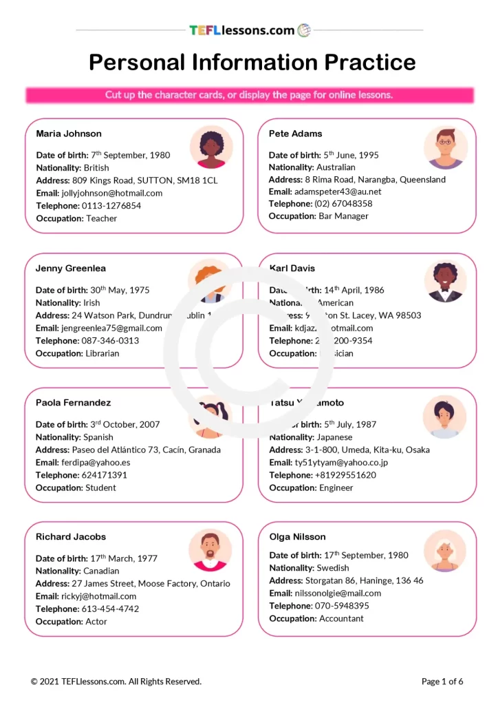 Personal Information - TEFL Lessons | ESL worksheets