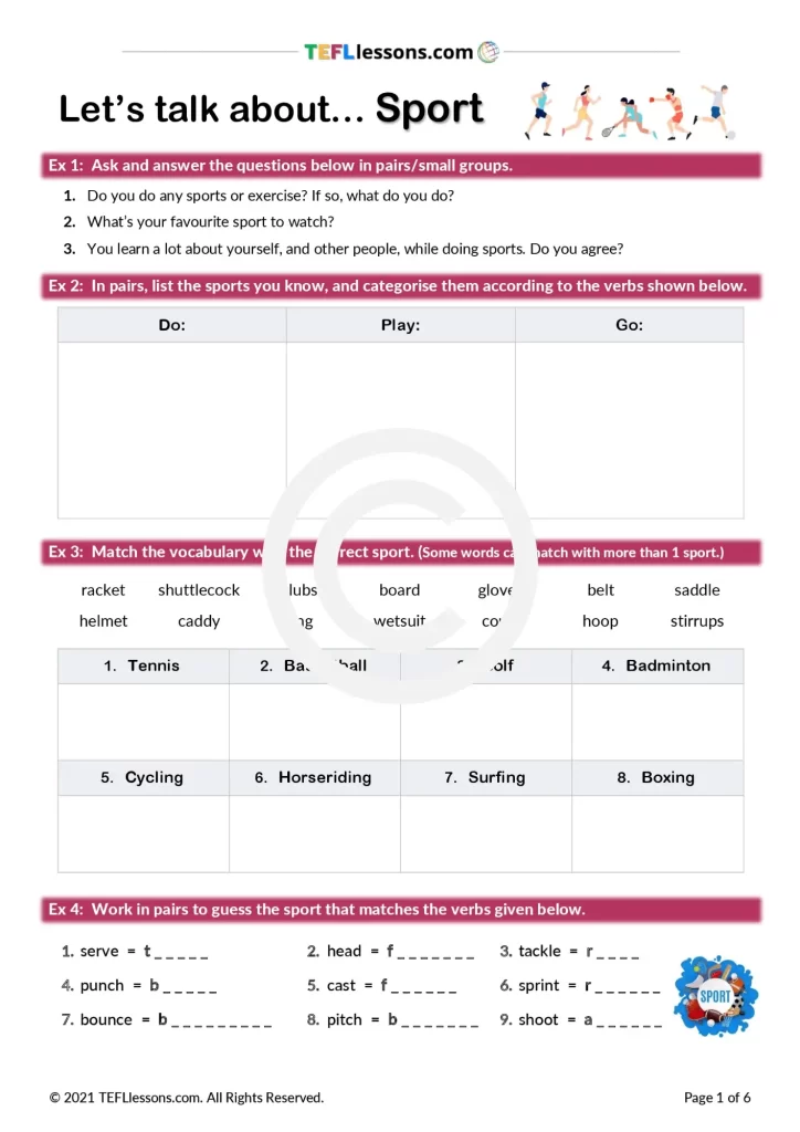 Talking about Sport - TEFL Lessons - tefllessons.com | ESL worksheets