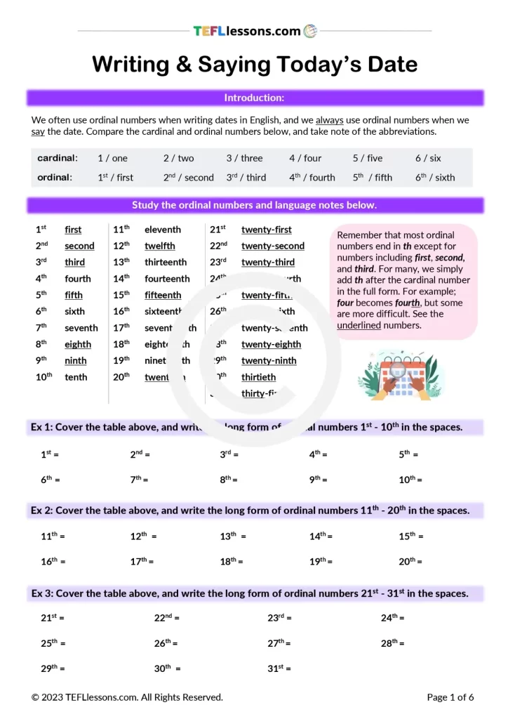 Writing and Saying Dates - TEFL Lessons - tefllessons.com | ESL worksheets
