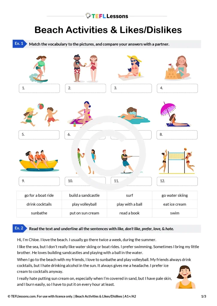 Likes and Dislikes ESL Lesson – Beach Vocabulary & Verbs of Preference ...