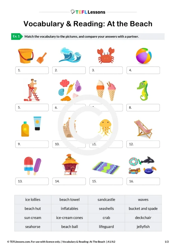 Beach Vocabulary Worksheet | At the Beach ESL Lesson - TEFL Lessons ...