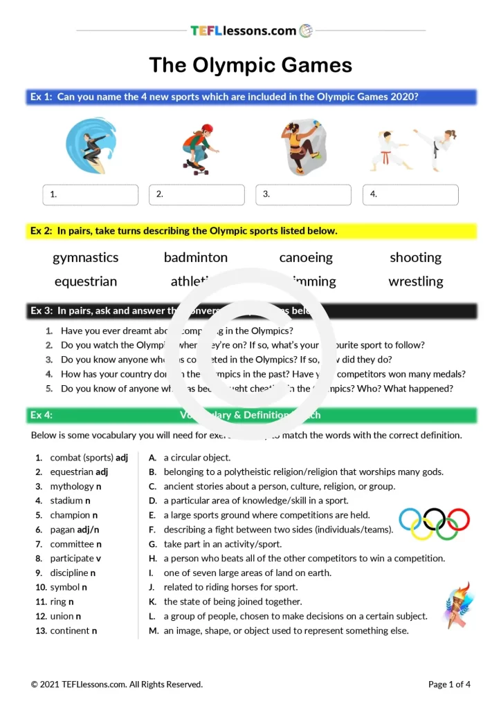 The Olympic Games - TEFL Lessons - tefllessons.com | ESL worksheets