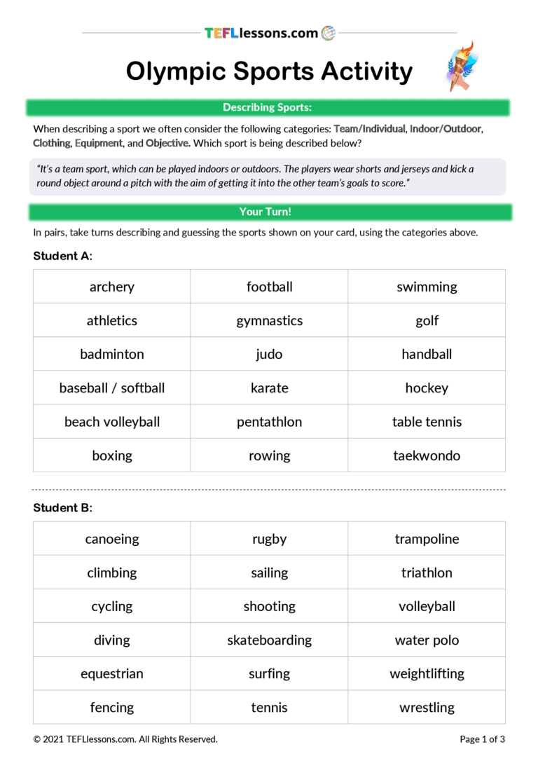 The Olympic Games - TEFL Lessons - tefllessons.com | ESL worksheets