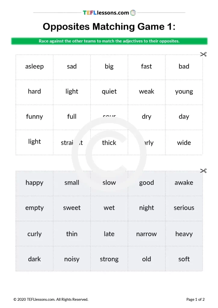 Opposites Matching Game - TEFL Lessons - tefllessons.com | ESL games