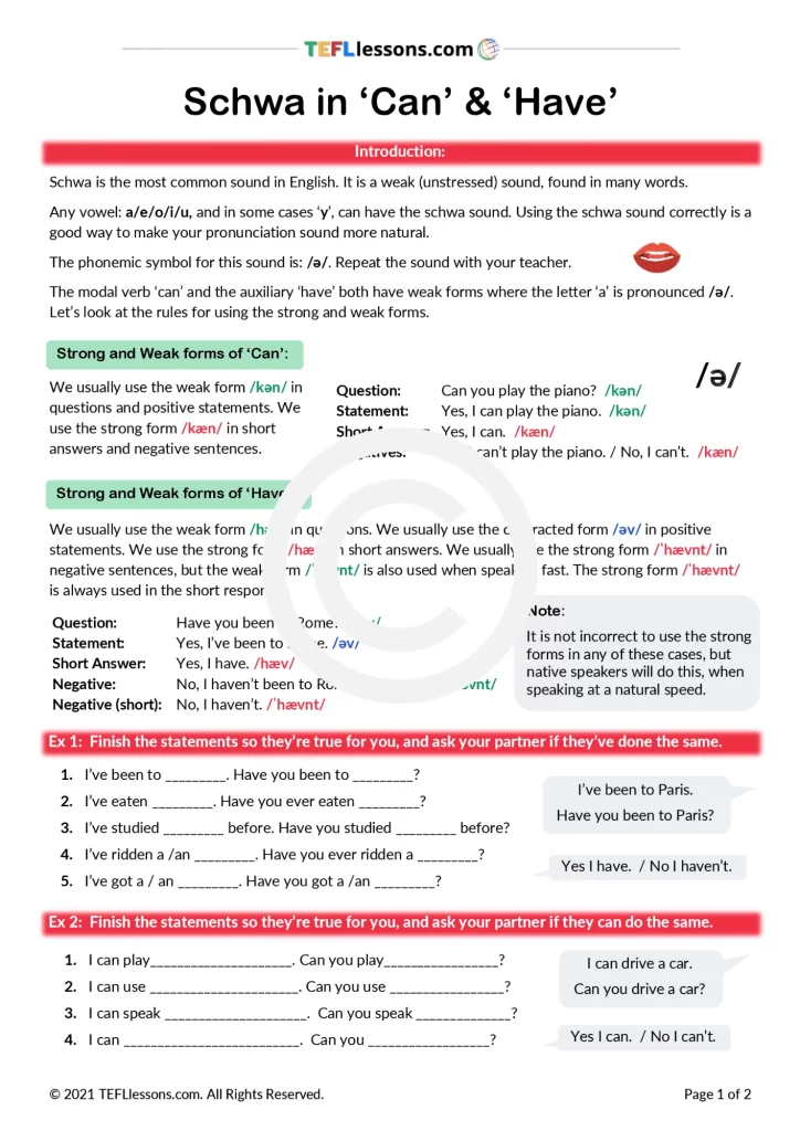 Schwa in 'Can' & 'Have' - TEFL Lessons | ESL games