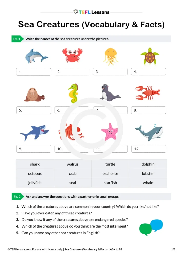 Sea Creatures ESL Worksheet | Vocabulary, Reading & Speaking - TEFL Lessons