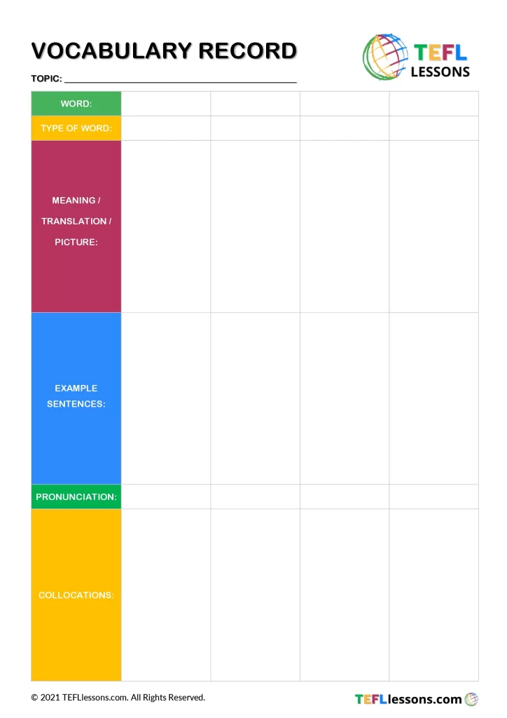 Vocabulary Record - TEFL Lessons - tefllessons.com | Free ESL worksheets