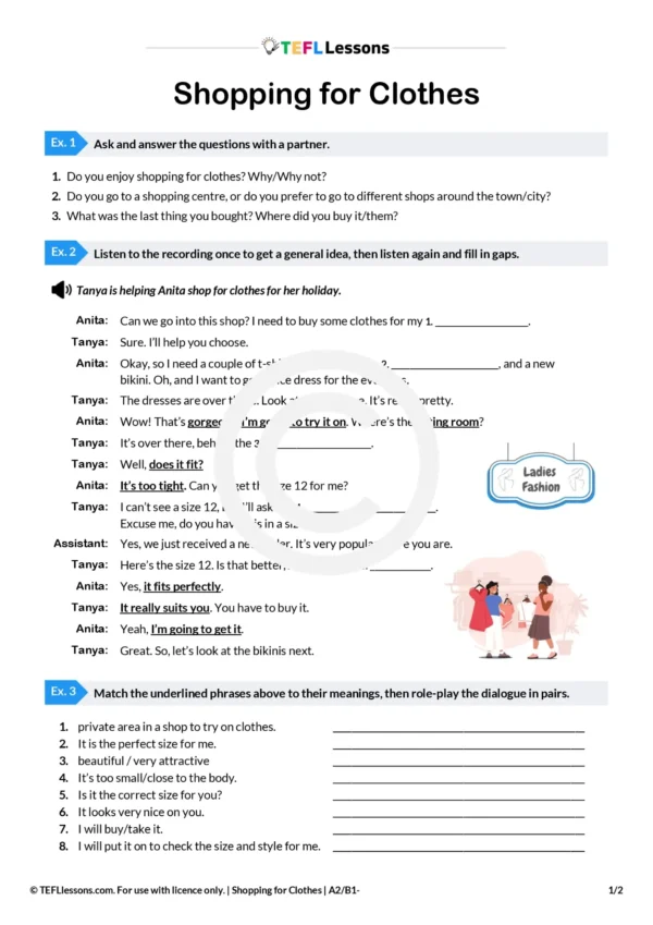ESL Shopping for Clothes Lesson (A2/B1) | TEFL Worksheets - TEFL ...