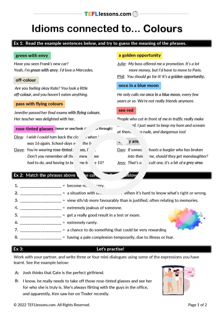 Colour Idioms | TEFL Lessons - tefllessons.com | ESL worksheets | ESL ...