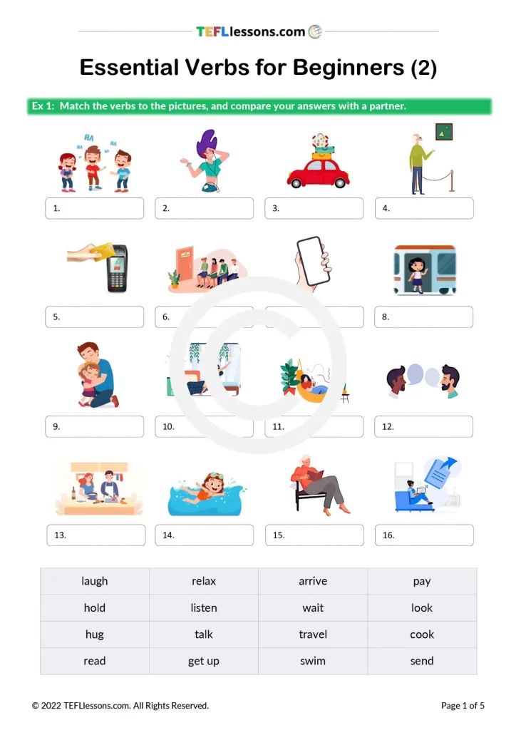 Basic Verbs for Beginners - TEFL Lessons - tefllessons.com | ESL worksheets