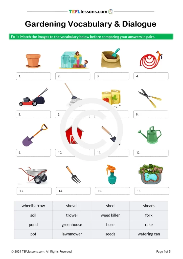 Gardening Vocabulary - TEFL Lessons - tefllessons.com | ESL worksheets
