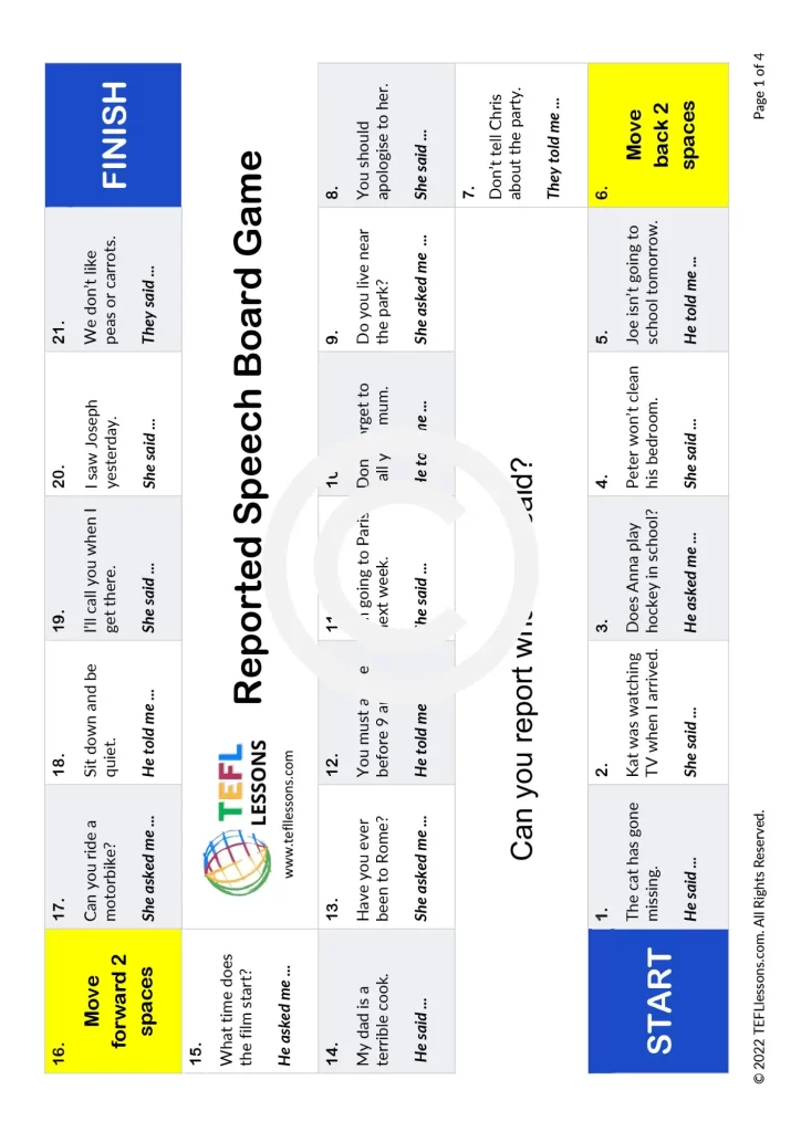Reported Speech Game - TEFL Lessons - tefllessons.com | ESL worksheets