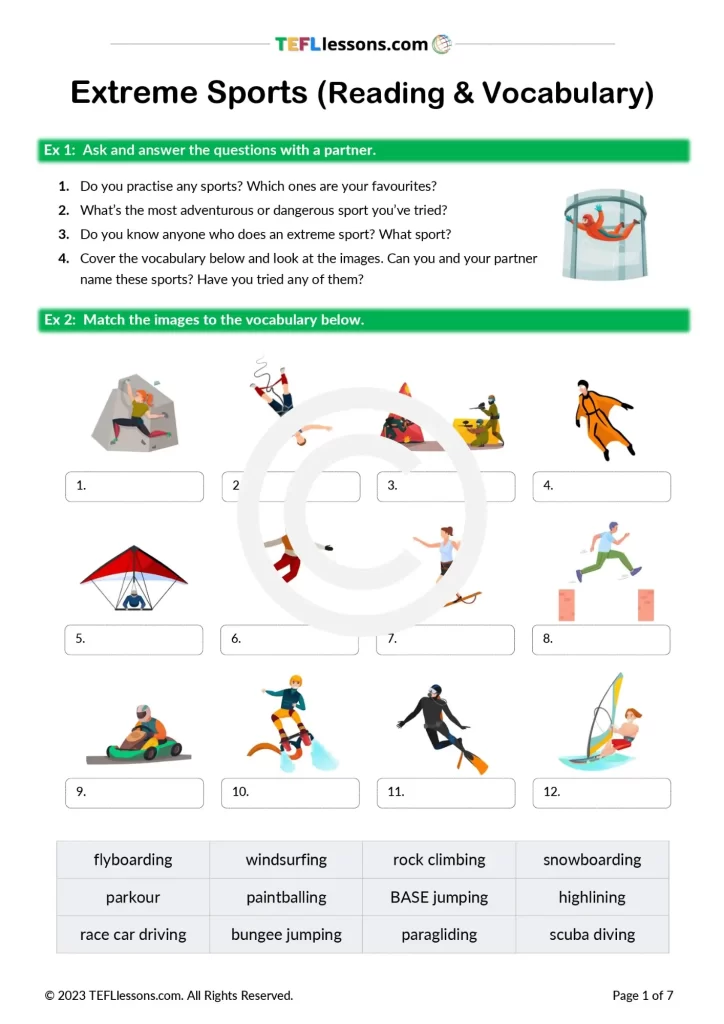 Extreme Sports Lesson - TEFL Lessons - tefllessons.com | ESL worksheets
