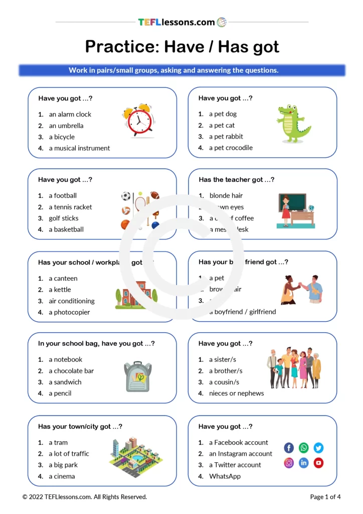 Have Got Objects Cards For Speaking Activities English Speaking Games