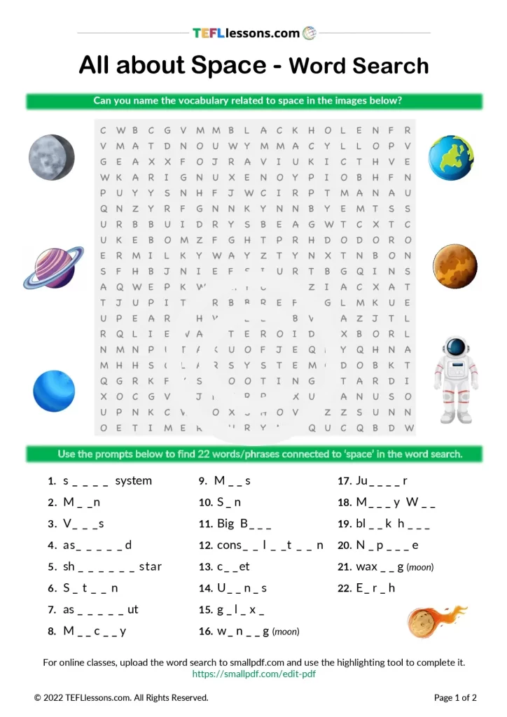 Space Word Search - TEFL Lessons - tefllessons.com | ESL