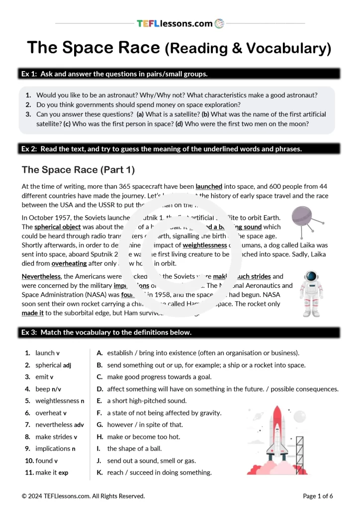 Space Travel Reading - TEFL Lessons - tefllessons.com | ESL task