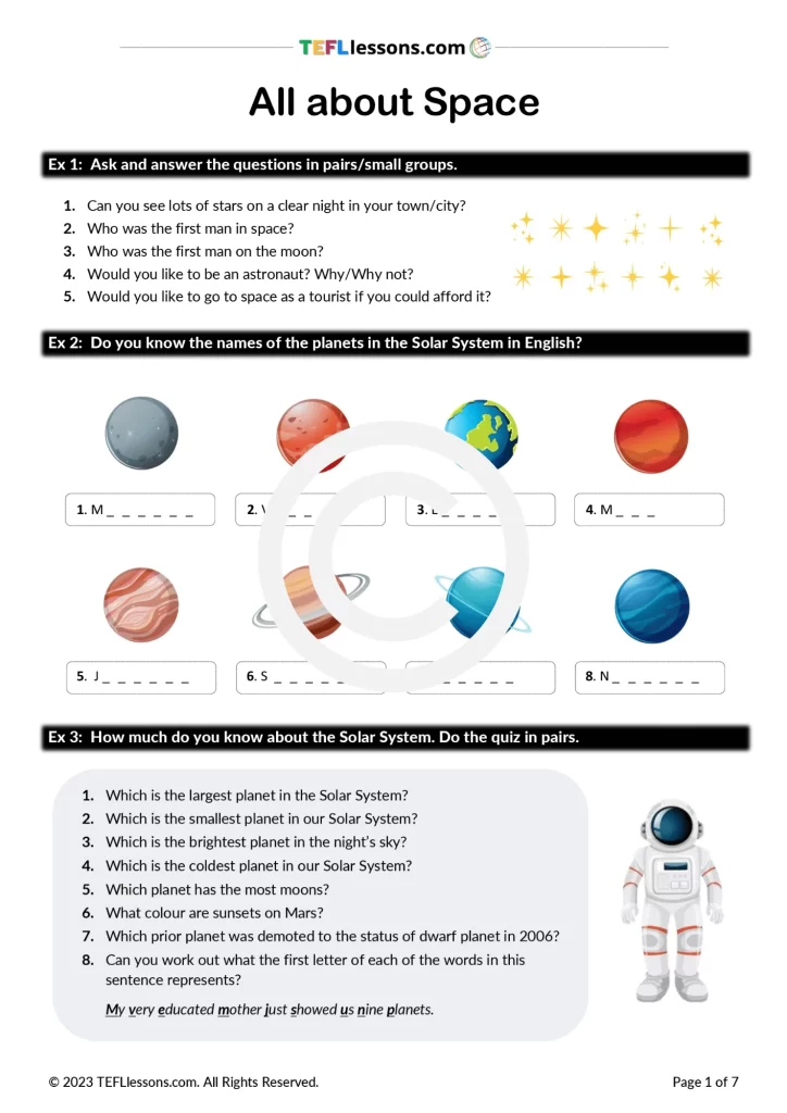 Space Vocabulary & Reading - TEFL Lessons - tefllessons.com | ESL task
